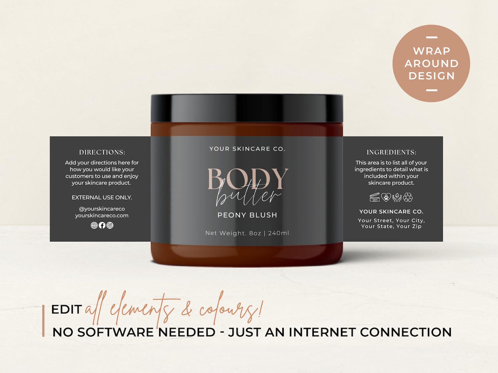 Editable Body Product Skincare Label Template, Body Butter Jar Label ...