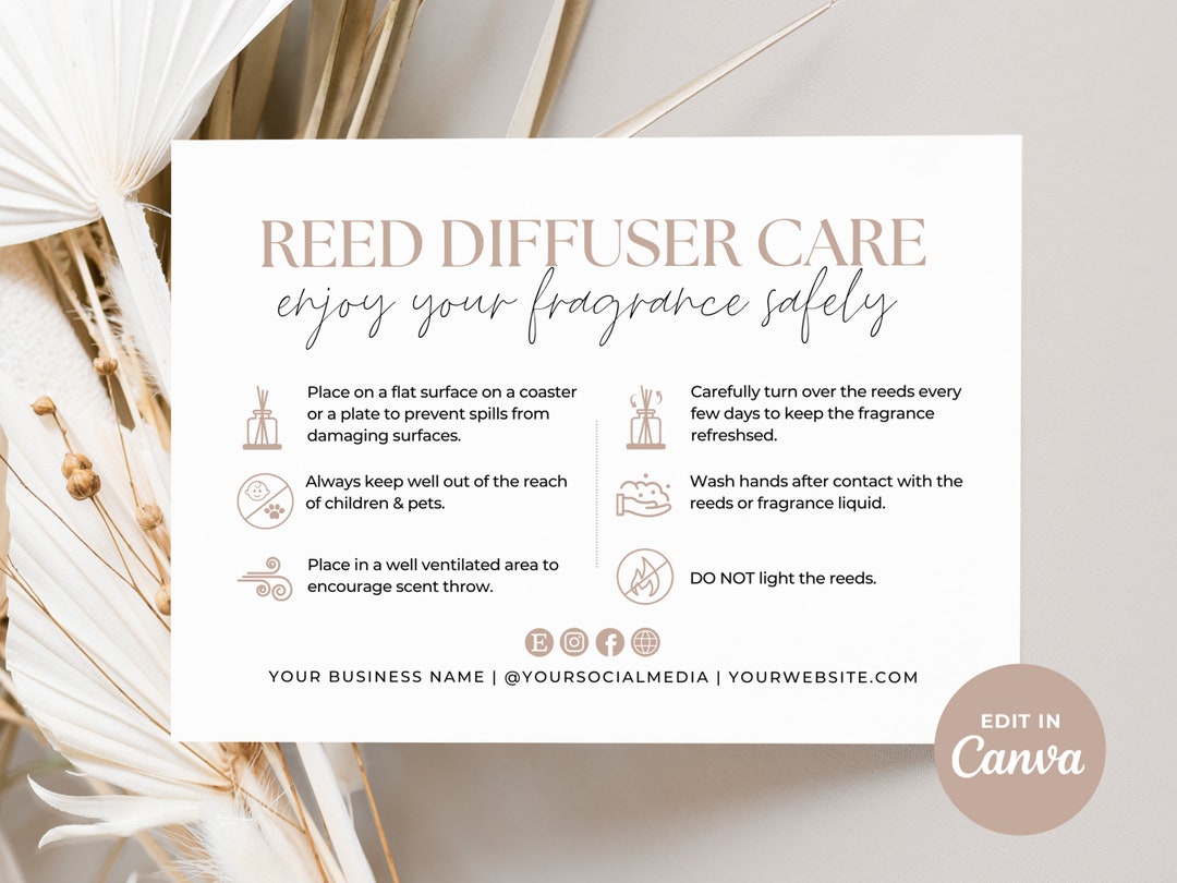Reed Diffuser Care Card Template Canva, Printable Room Diffuser Care ...