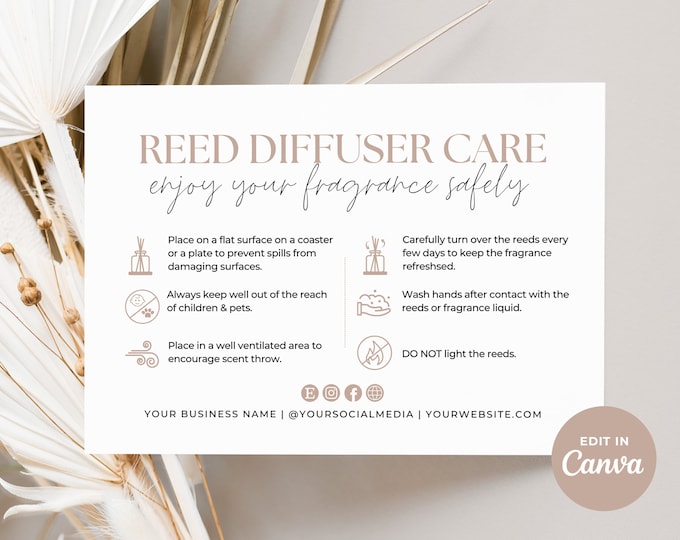 Reed Diffuser Care Card Template Editable Reed Diffuser Care ...