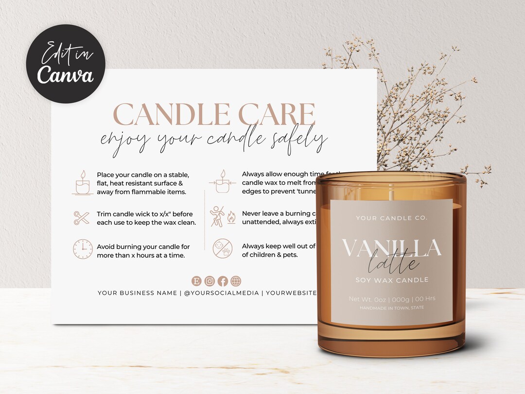 Candle Label Templates & Matching Candle Care Card With Icons Canva ...