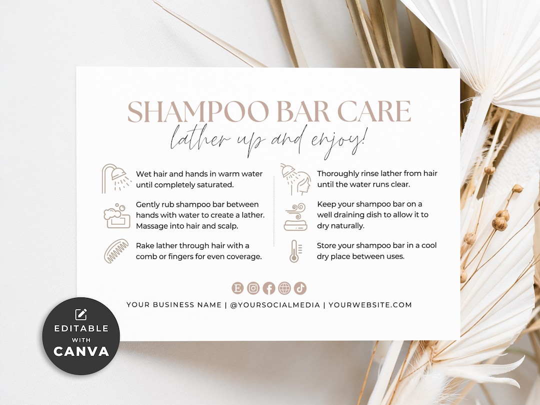 Printable Shampoo Bar Care Card Template Canva, Editable Solid Shampoo ...