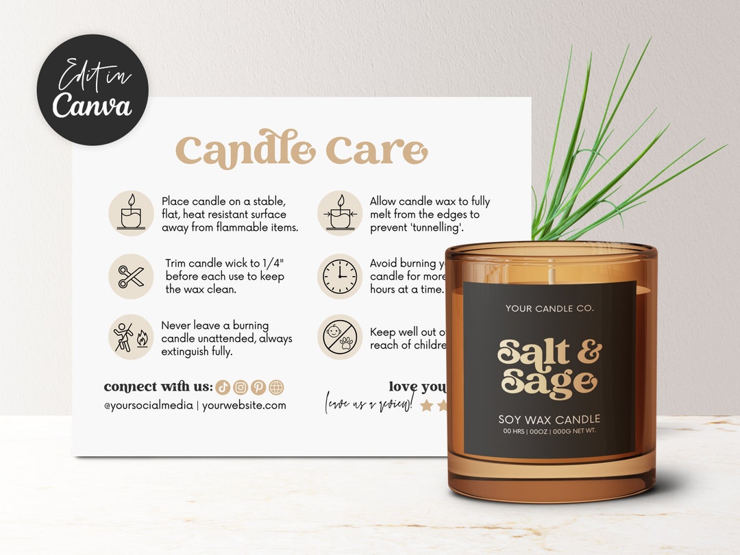 Candle Label Template & Matching Candle Care Card + Icons Canva ...