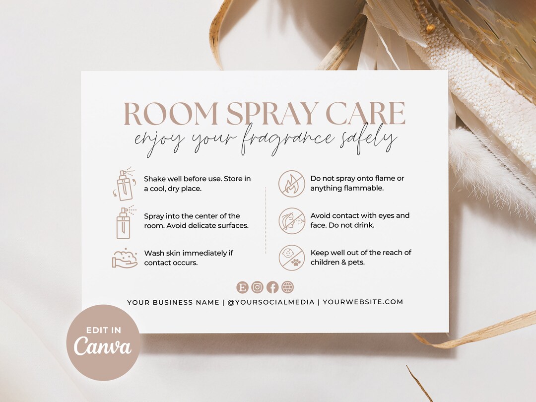 Room Spray Care Card & Icons Template Canva, Printable Linen Spray Care ...