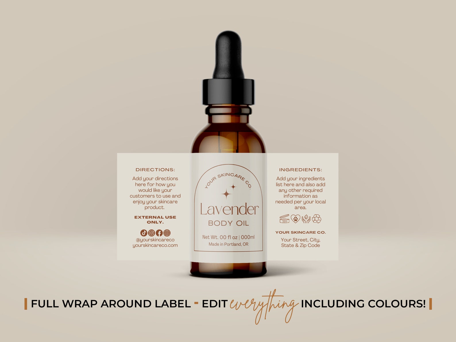 Editable Dropper Bottle Label Template Canva, Boho Body Oil Label ...