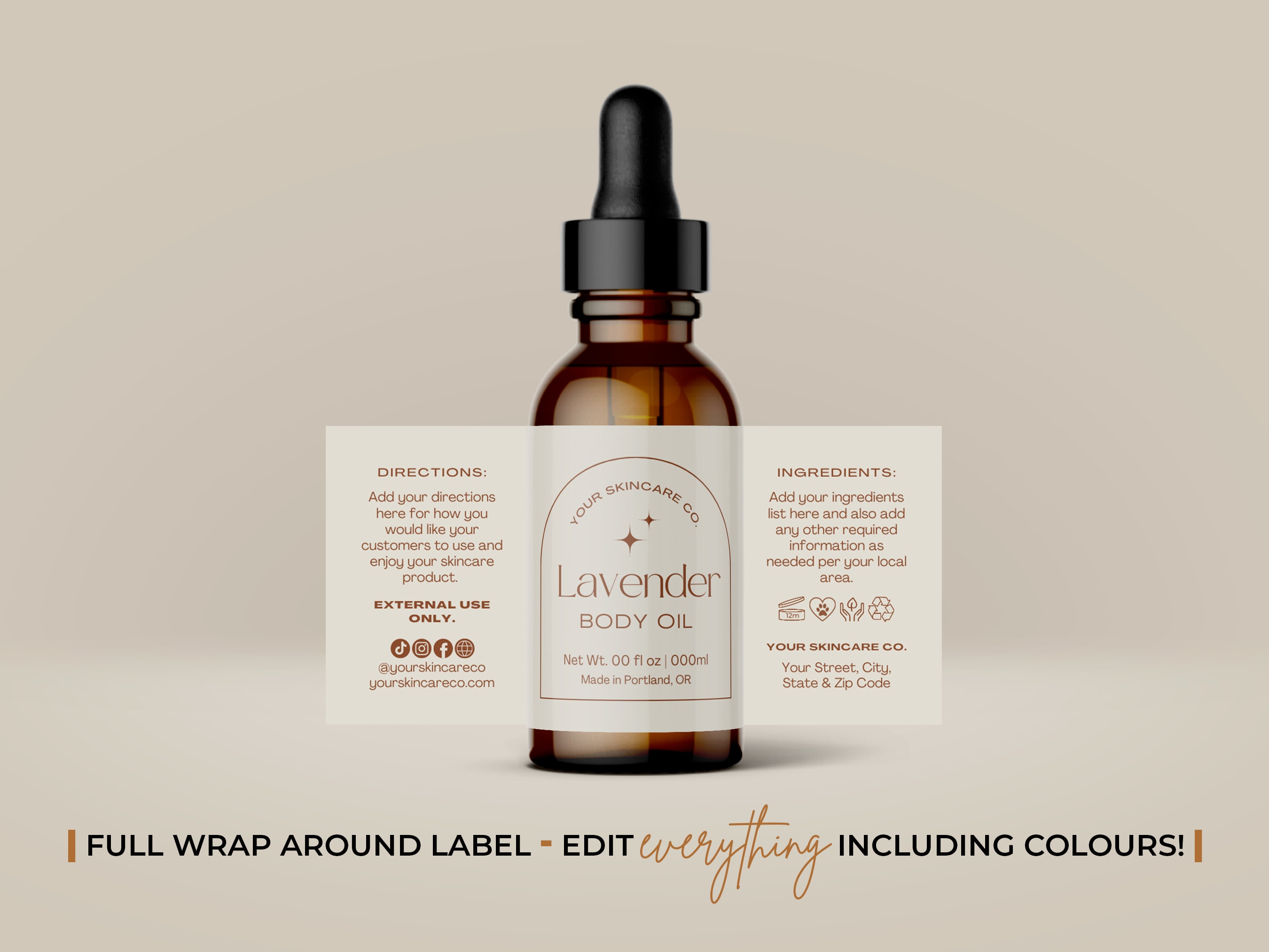 Editable Dropper Bottle Label Template Canva, Boho Body Oil Label ...