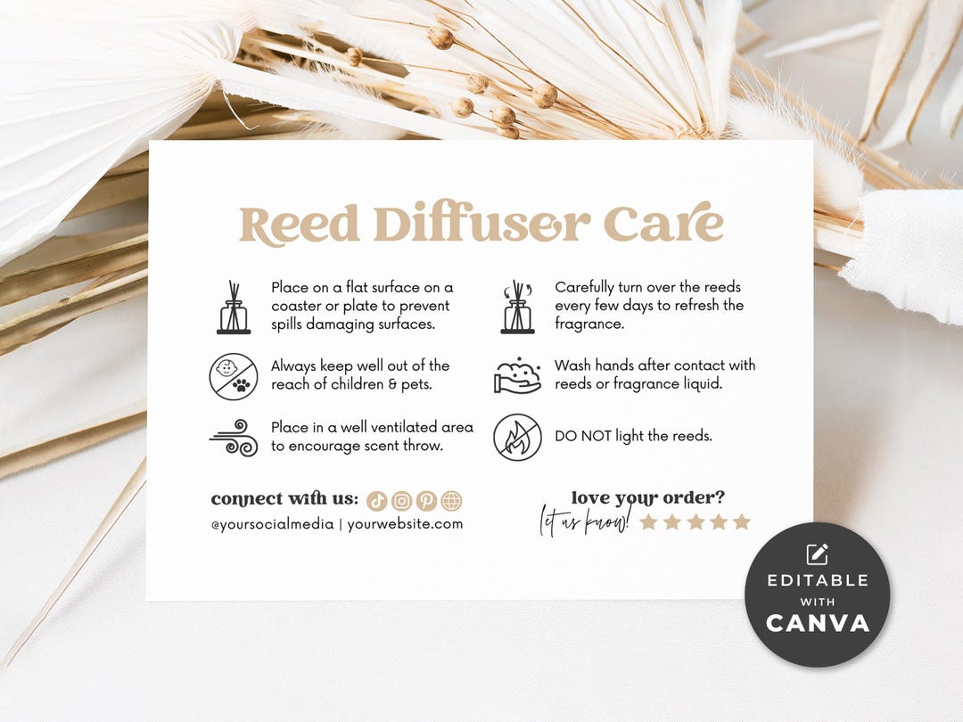 Reed Diffuser Care Card Template: Canva Printable Instructions for Home ...