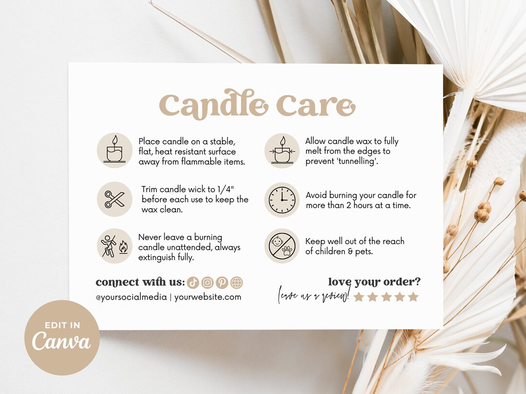 Candle Care Card Template Canva, Printable Candle Care Instructions ...