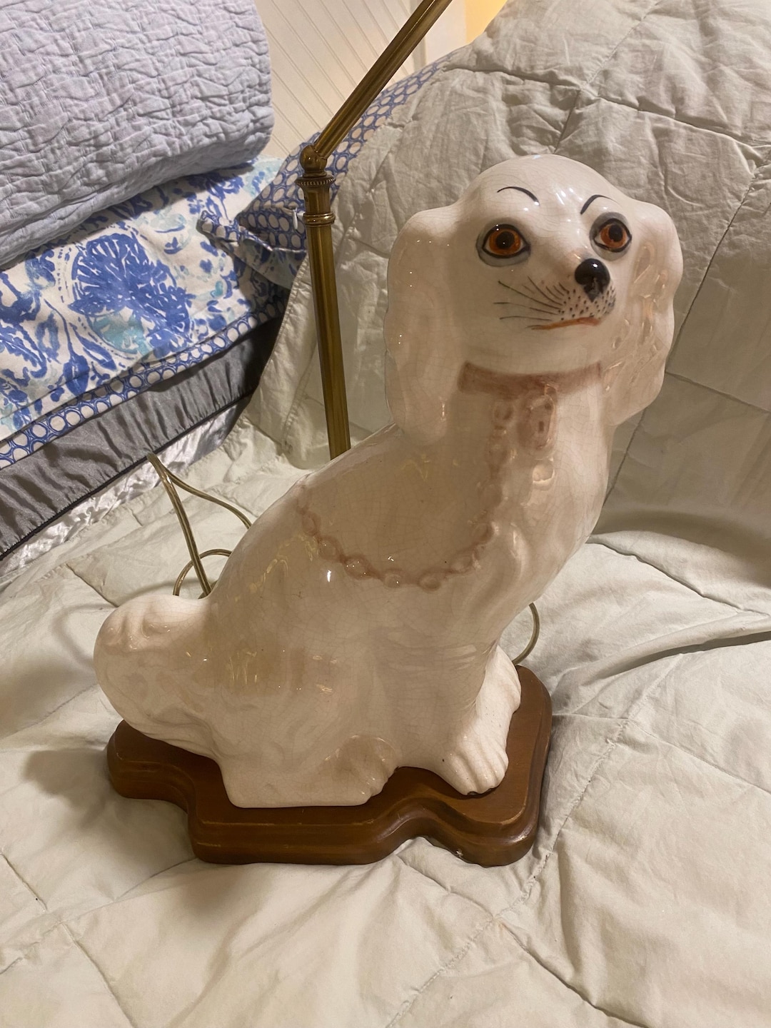 Vintage Staffordshire 1970s White Dog Lamp, Nice Wood Base - Etsy