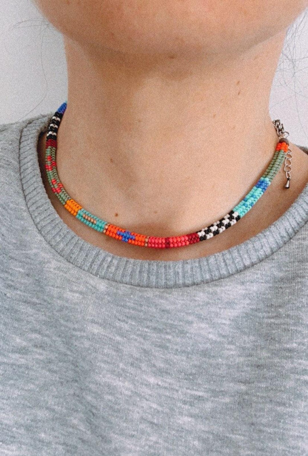 Colorful Handmade Beaded Necklace Choker, Dainty Boho Seed Bead ...