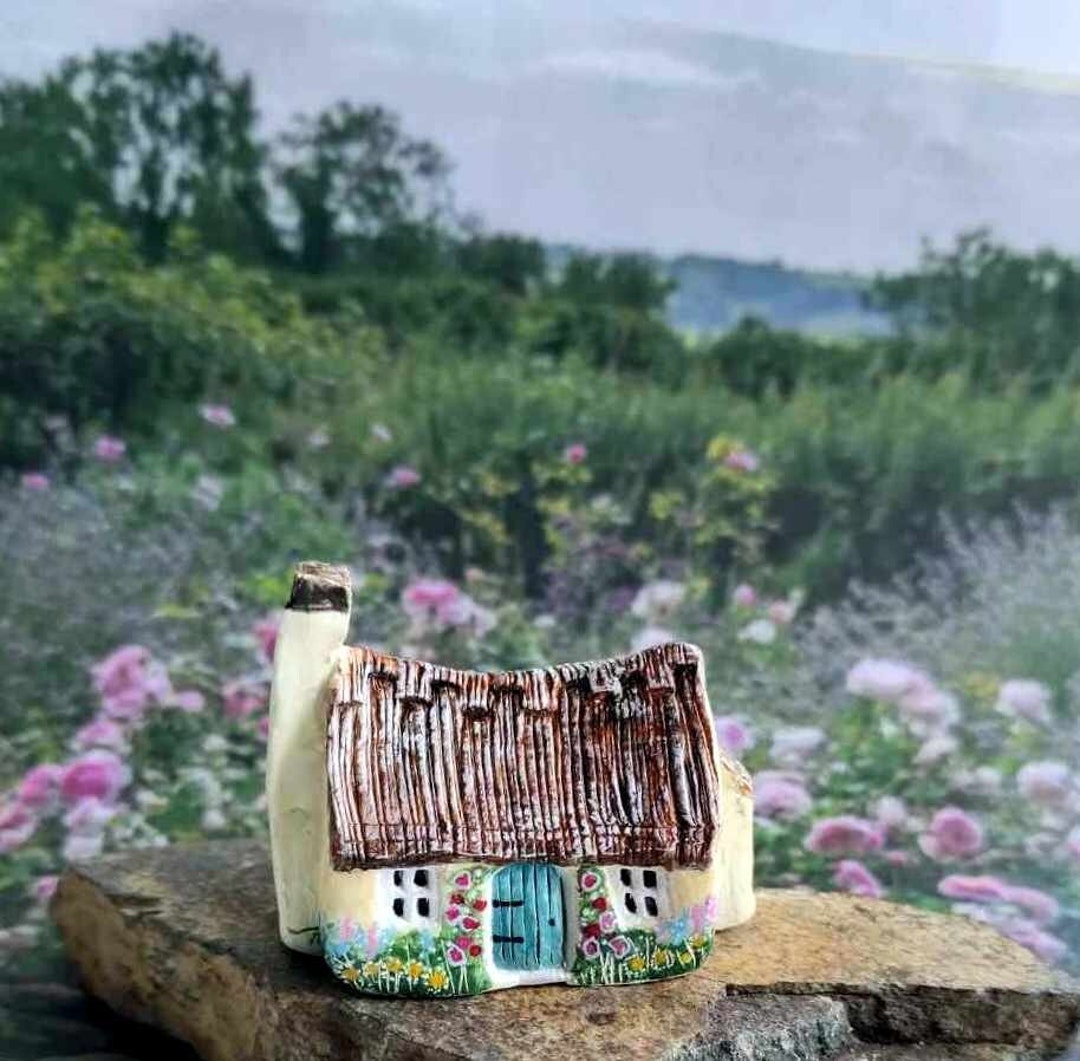 Miniature Ceramic Pale Yellow Thatched Cottage With Flowers and Sea ...