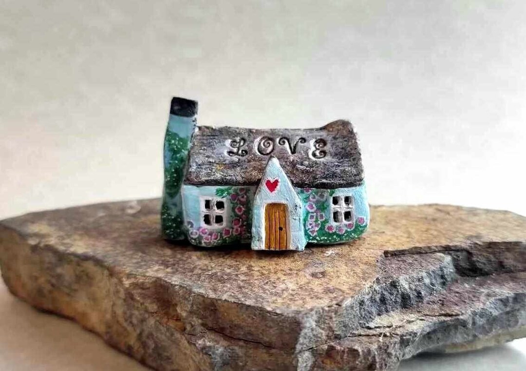 Tiny Handmade Ceramic Cottage, Blue Walls and Ochre Door With "love" on ...