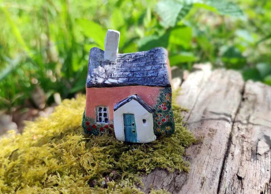 Colourful Miniature Ceramic Cottage With Blue Doors and Lots of Flowers ...