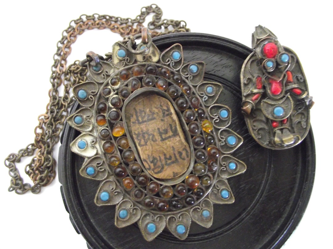 Antique Nepal Tibet Necklace Heavily Adorned Coral Pendant With Glass ...
