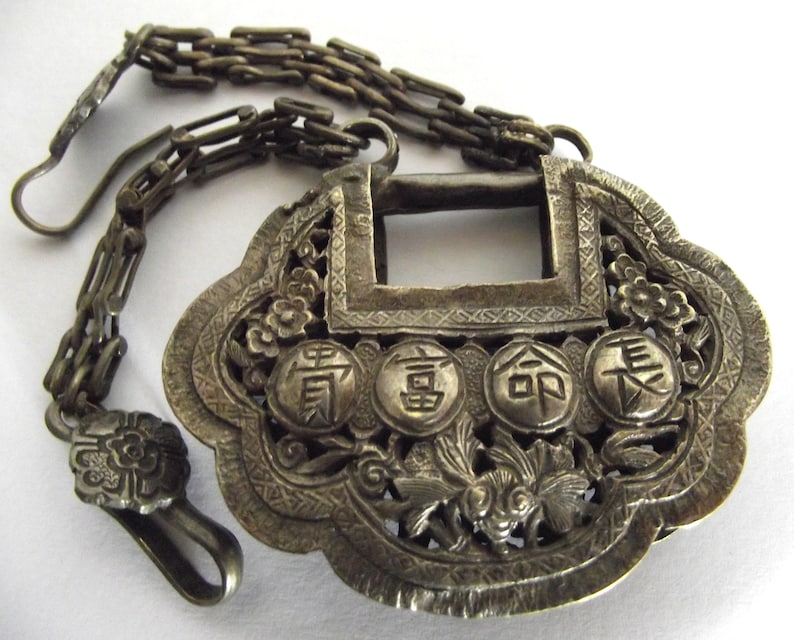 Large Antique Chinese Qing Silver Filigree Foo Dog Lion Bat Lock W ...