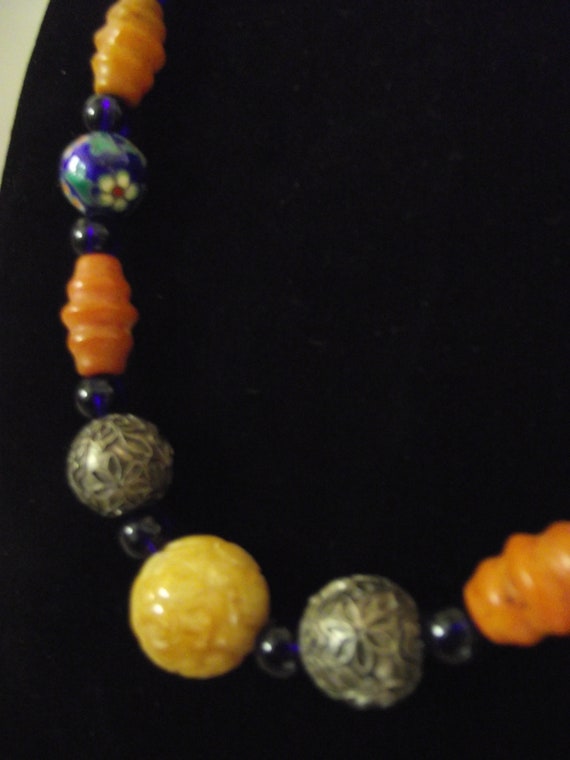 Chinese vintage Cloisonné Beads with Carved Jade Bead… - Gem
