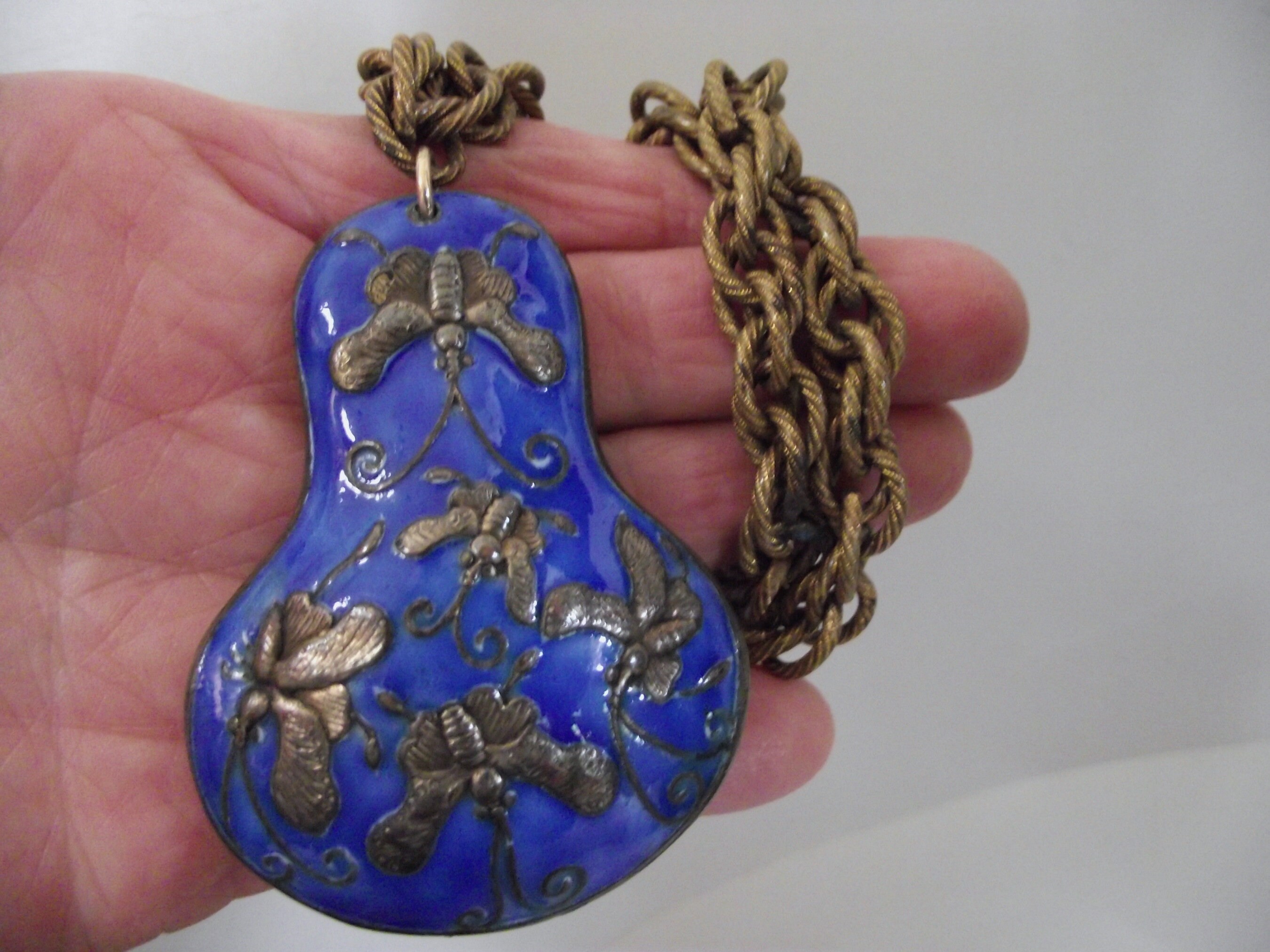Antique Chinese Blue Enamel Gourd With Gold Gilt Moths Butterflies ...