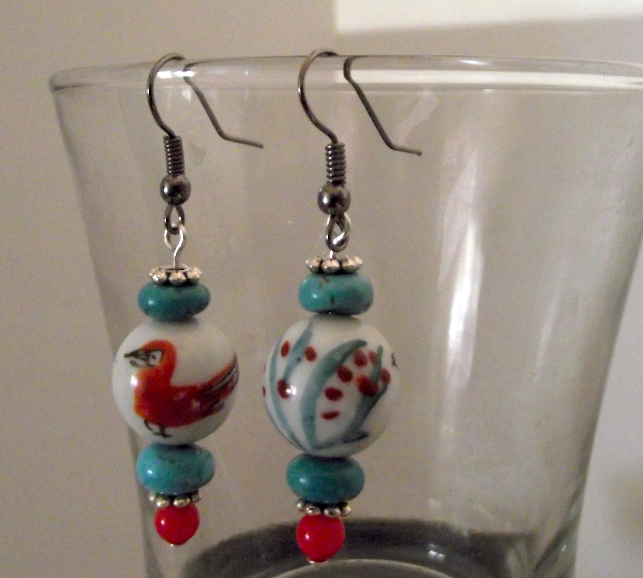 Vintage Chinese Porcelain Bead Hand Painted Red Bird W/ Turquoise - Etsy