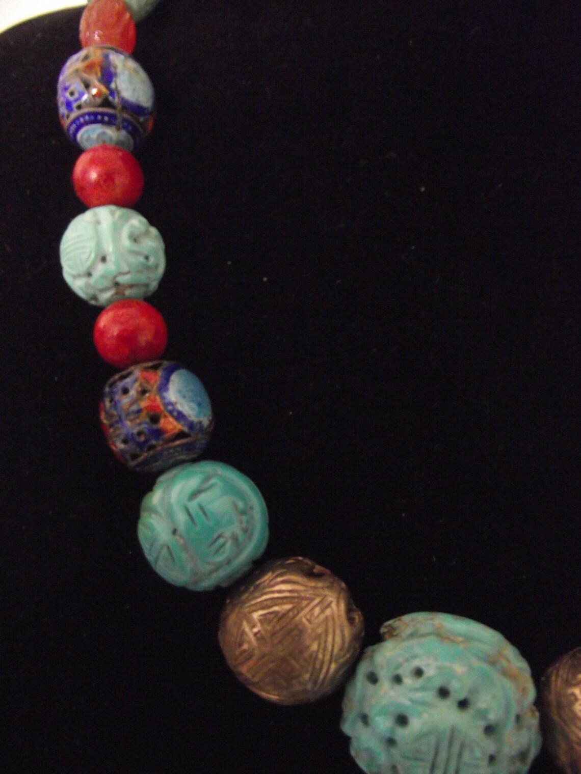 Chinese Antique Qing Silver Beads W/ Carved Turquoise Shou and ...