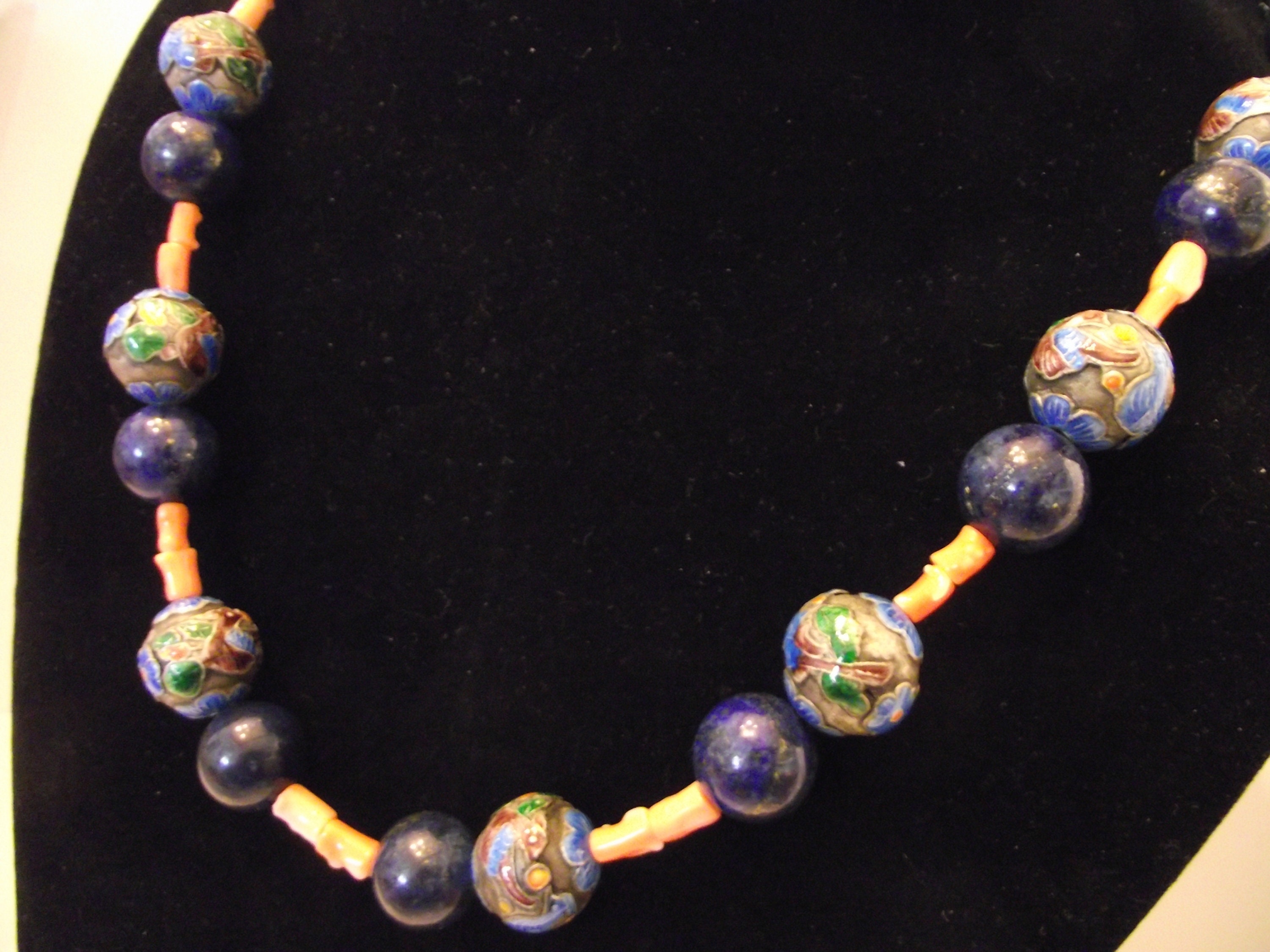 Vintage Chinese Champlevé Cloisonné Necklace, Large Beads W/ Coral and ...