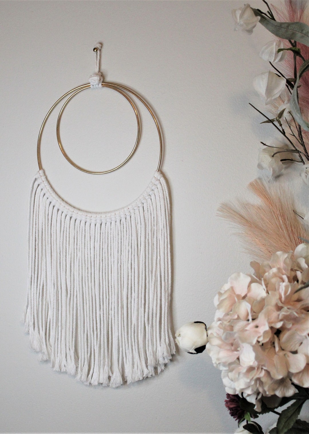 Handmade Macramé Wall Hanging on Double Gold Metal Hoops Simple and ...