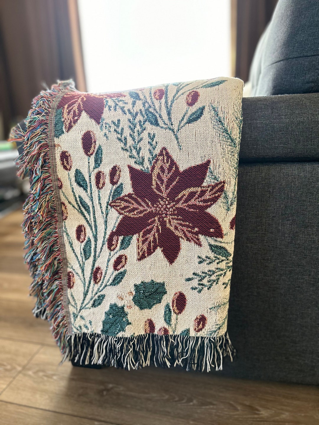 Christmas Woven Blankets for Holiday Season. Poinsettia Flowers Home ...