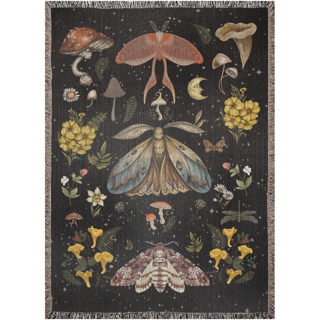 Moths Throw Blanket. Dark Forest Woven Blanket With Mushrooms, Flowers ...