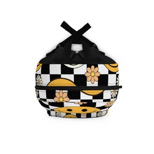 Happy Face and Daisy Flowers Backpack. Black and White Checkered and ...