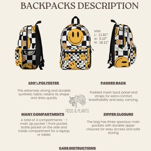Happy Face and Daisy Flowers Backpack. Black and White Checkered and ...