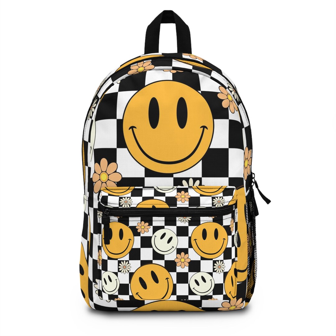 Happy Face and Daisy Flowers Backpack. Black and White Checkered and ...