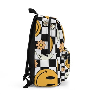 Happy Face and Daisy Flowers Backpack. Black and White Checkered and ...