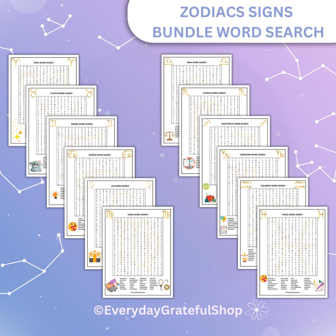 Zodiac Signs Word Search Bundle | Astrology Puzzle Set | 12 Zodiac ...