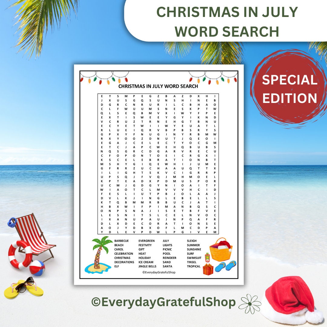 Christmas in July Word Search Summer Christmas Puzzle Festive Word ...