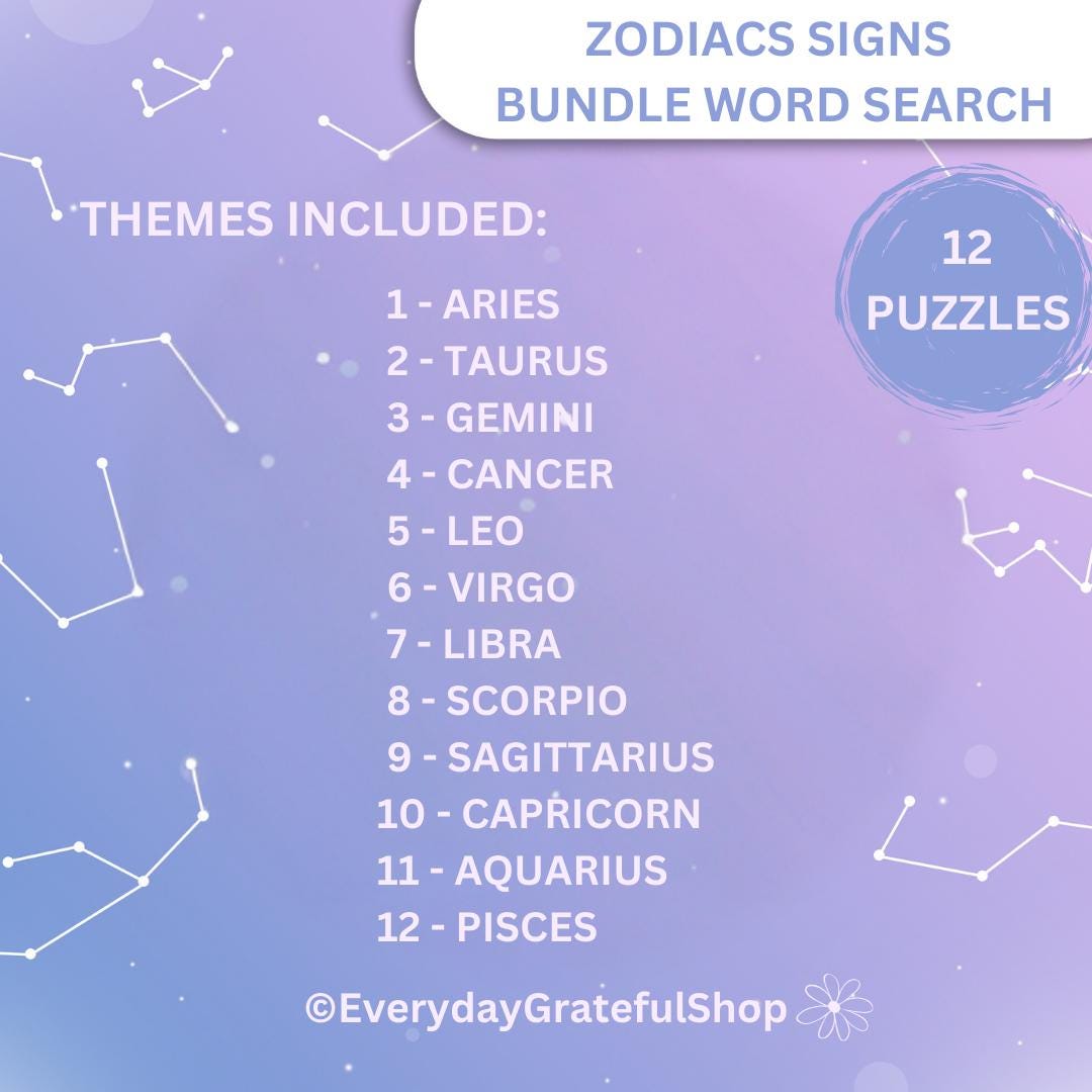 Zodiac Signs Word Search Bundle | Astrology Puzzle Set | 12 Zodiac ...