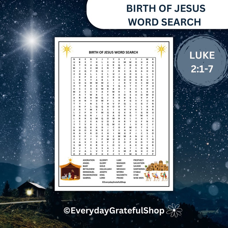 Birth of Jesus Word Search Puzzle: Christmas Holiday Activity (digital ...