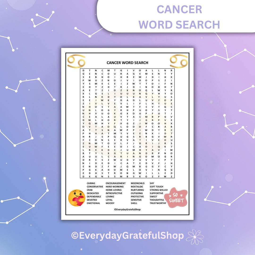 Cancer Zodiac Sign Word Search Puzzle Astrology Puzzle Fun Challenging ...