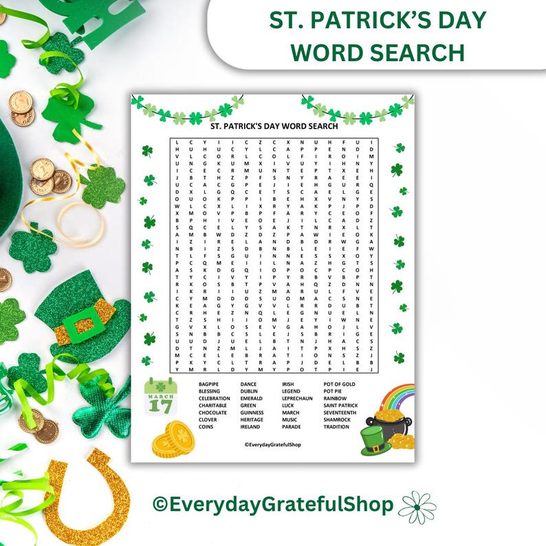 St. Patrick's Day Word Search Puzzle - Fun Shamrock Leprechaun Themed ...