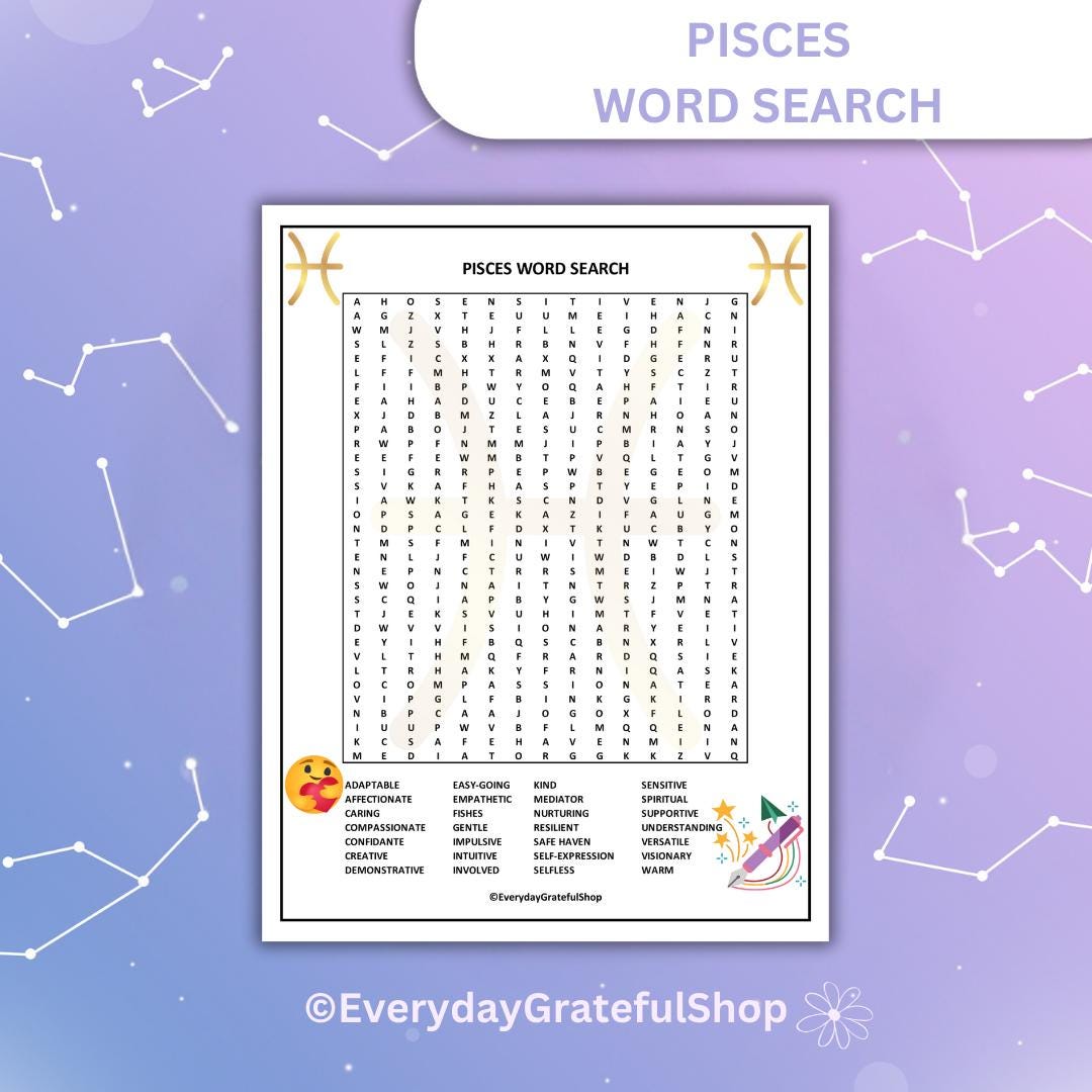 Pisces Zodiac Sign Word Search Puzzle - Astrology Gift - Unique Pisces ...