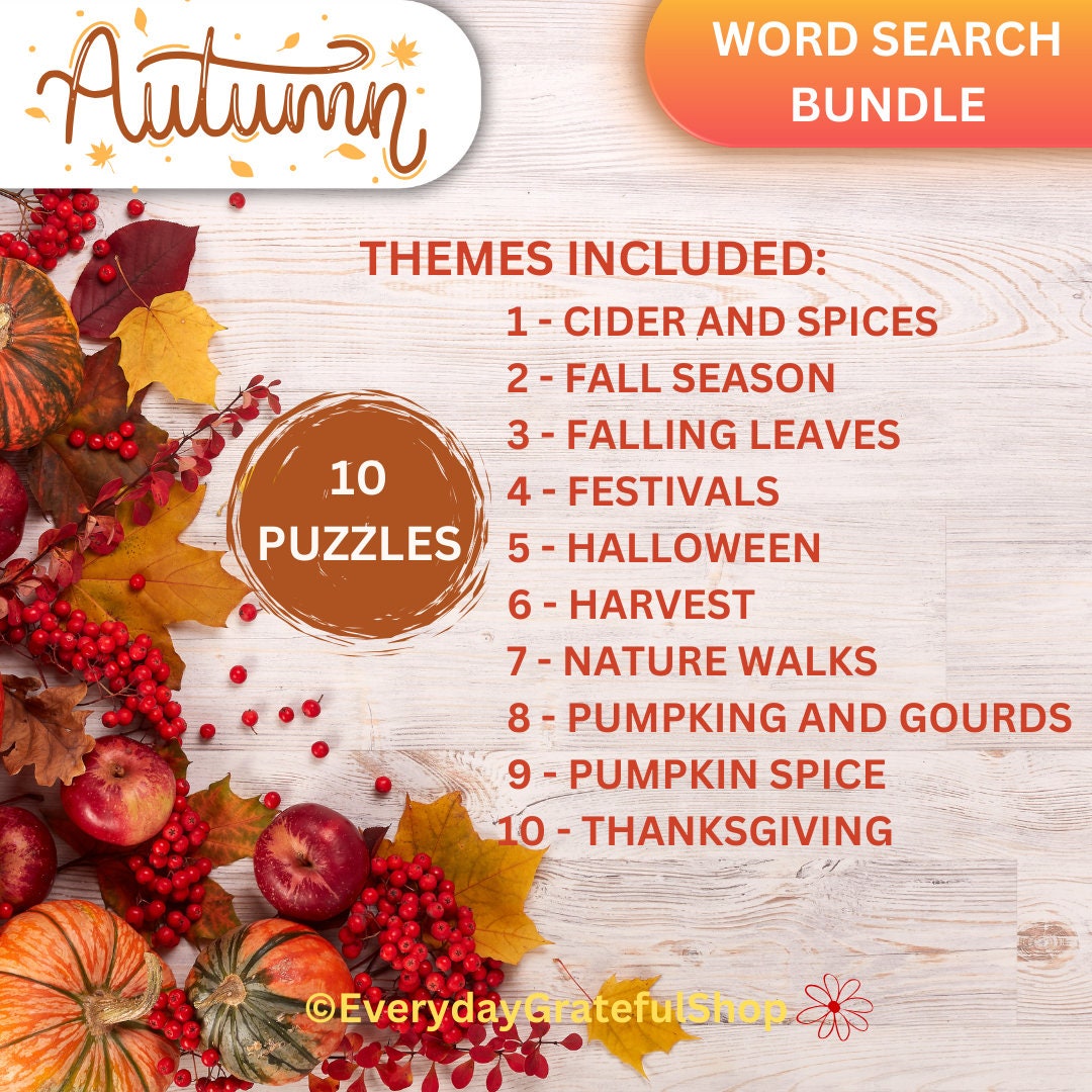 Fall Word Search Autumn Word Search Puzzle Fall-themed Activity ...