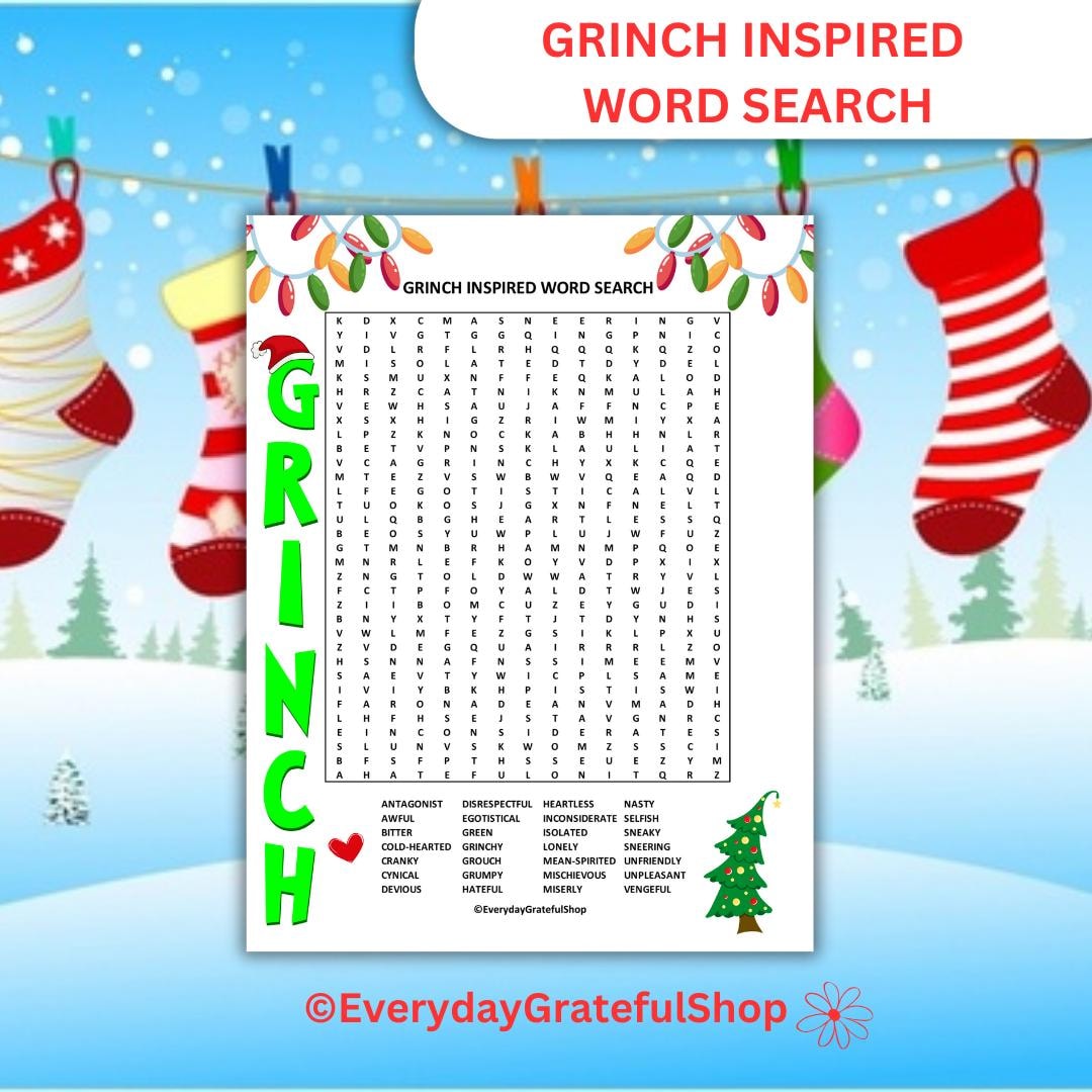 Grinch Inspired Word Search Puzzle Christmas Holiday Fun, Festive ...