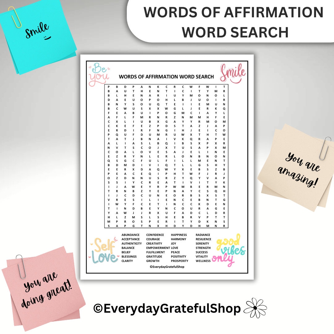 Words of Affirmation Word Search Puzzle: Positive Motivation (digital ...