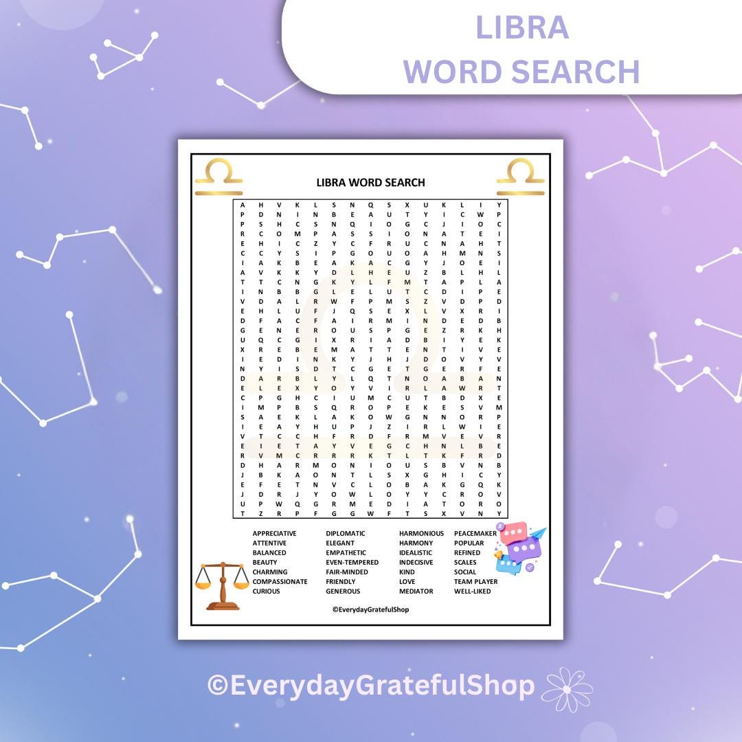 Libra Zodiac Sign Word Search Puzzle Astrology Puzzle Fun Challenging ...