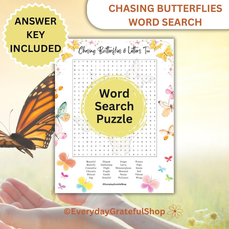 Butterfly Word Search Puzzle: Educational Activity (digital Download ...