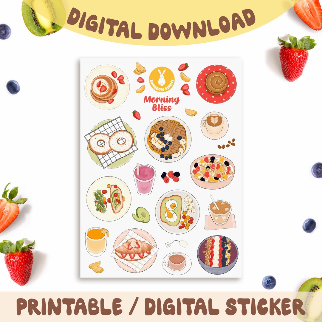 Digital Download | Printable Stickers | Morning Bliss Sticker Sheet Breakfast Food Cafe Coffee ...