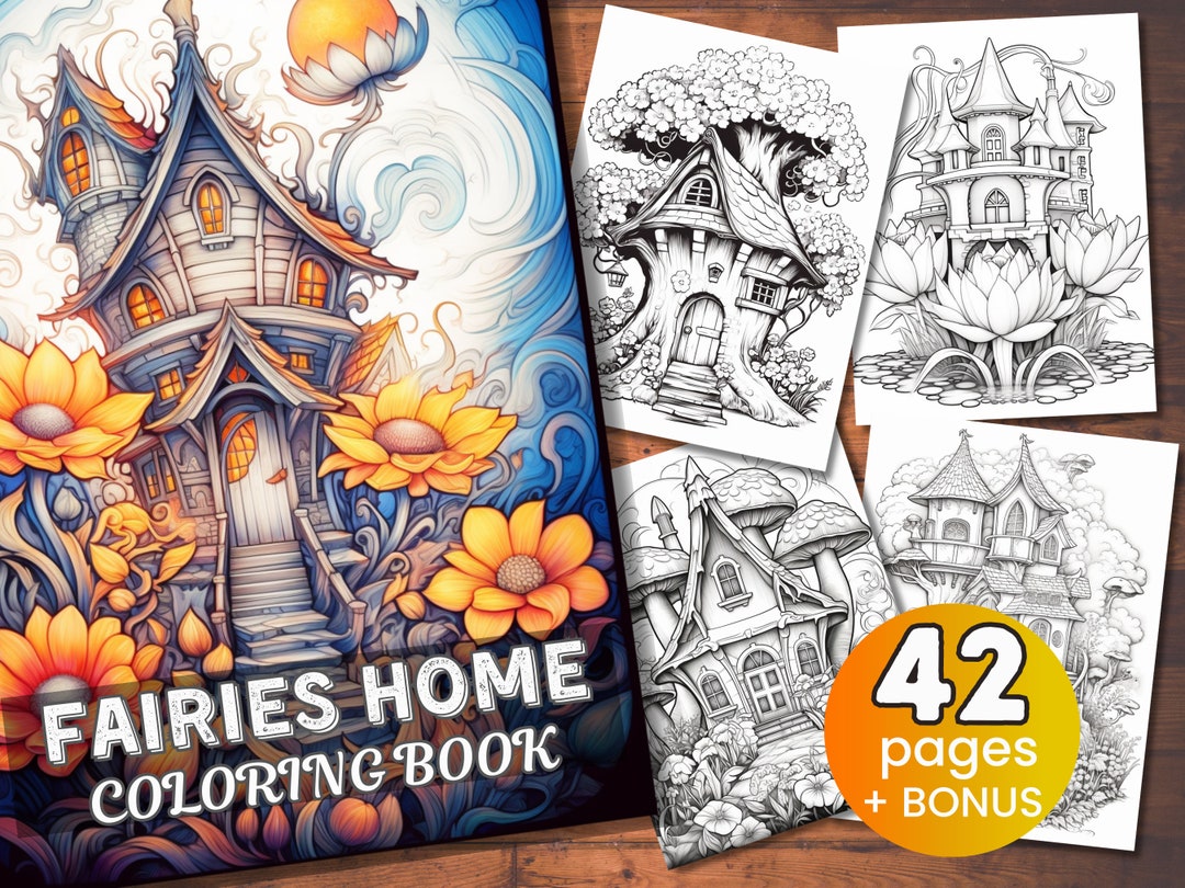 Fairy Homes Coloring Book, Fairies Coloring Pages for Adults, Kids ...