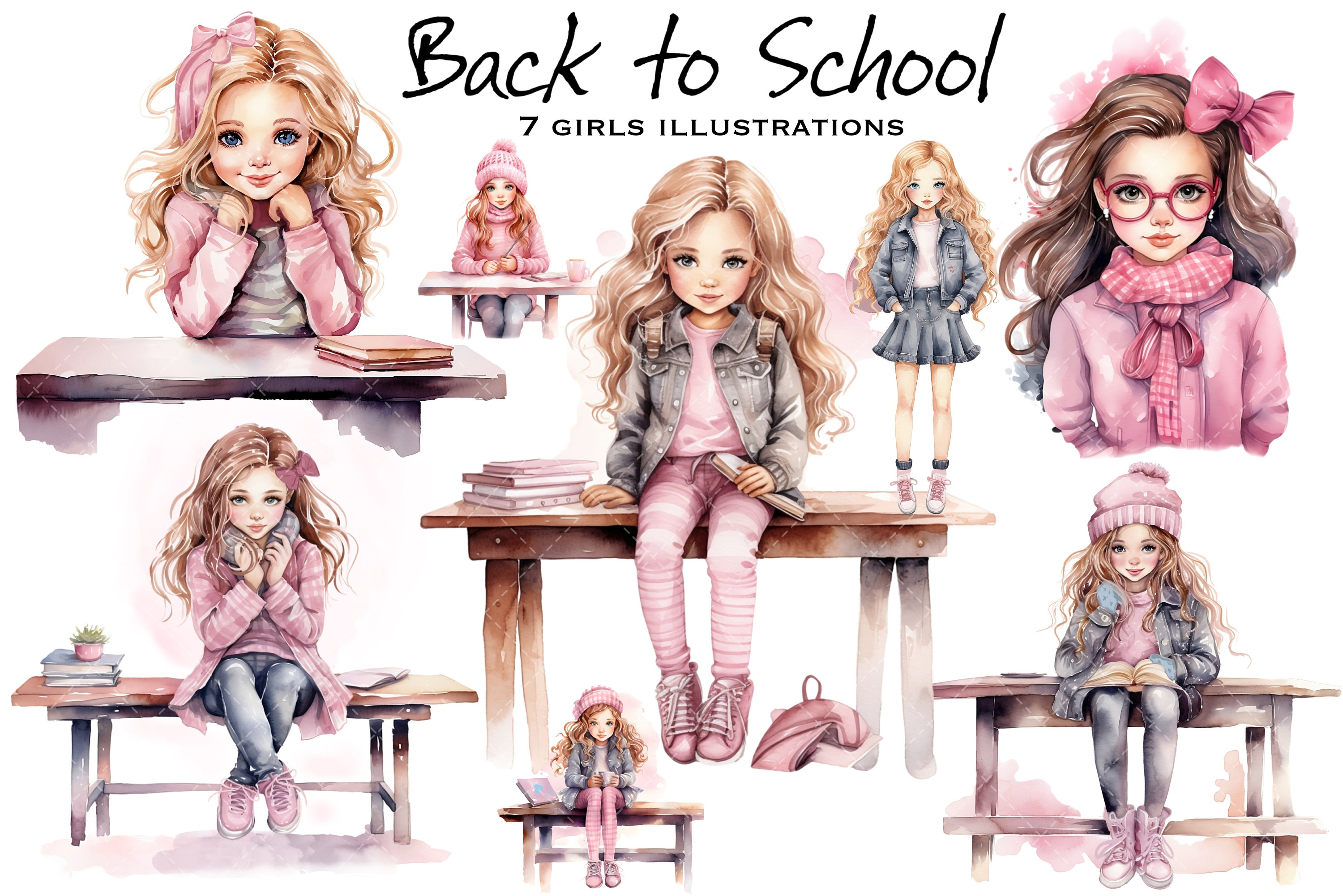 Watercolor School Clipart, Back to School Clipart, Study Girl Clipart ...