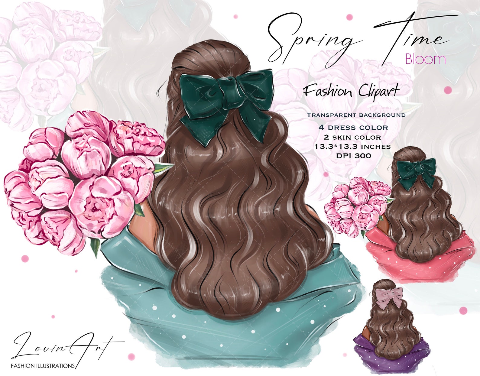 Girl With Flowers Clipart, Fashion Girl Clipart, Spring Illustration ...