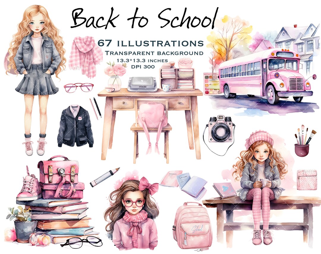 Watercolor School Clipart, Back to School Clipart, Study Girl Clipart ...