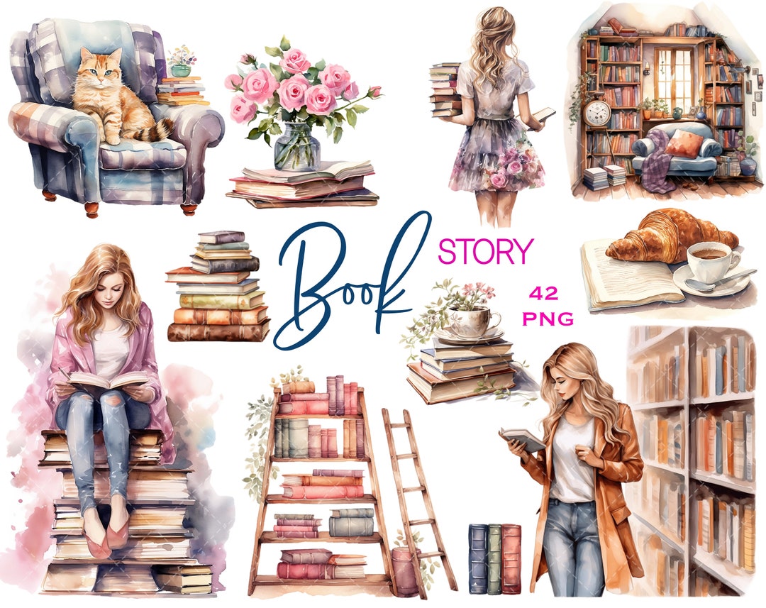Watercolor Clipart, Book Lover, Planner Stickers, Girl Reading Book ...