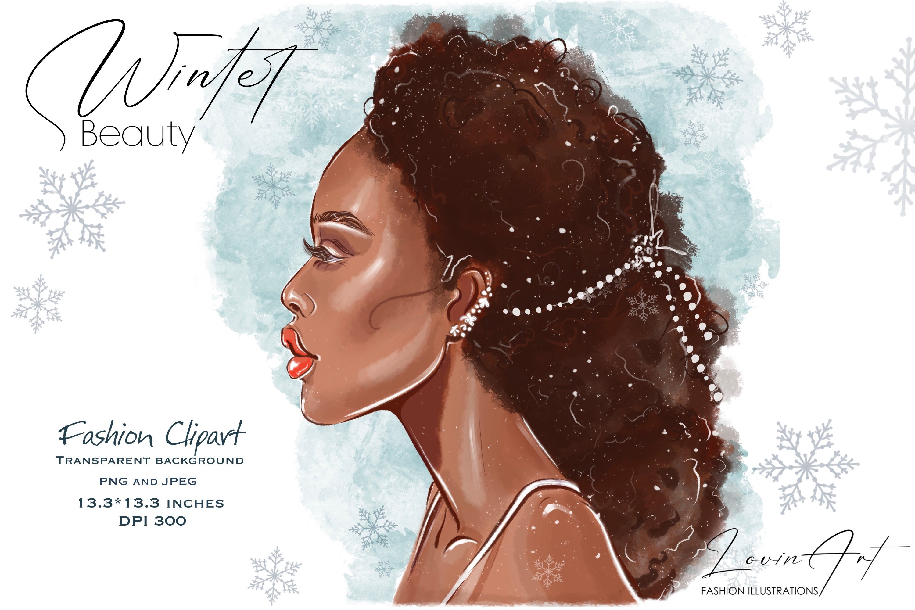 Black Girl Winter Clipart, African American Woman, Snow Flakes, Digital ...
