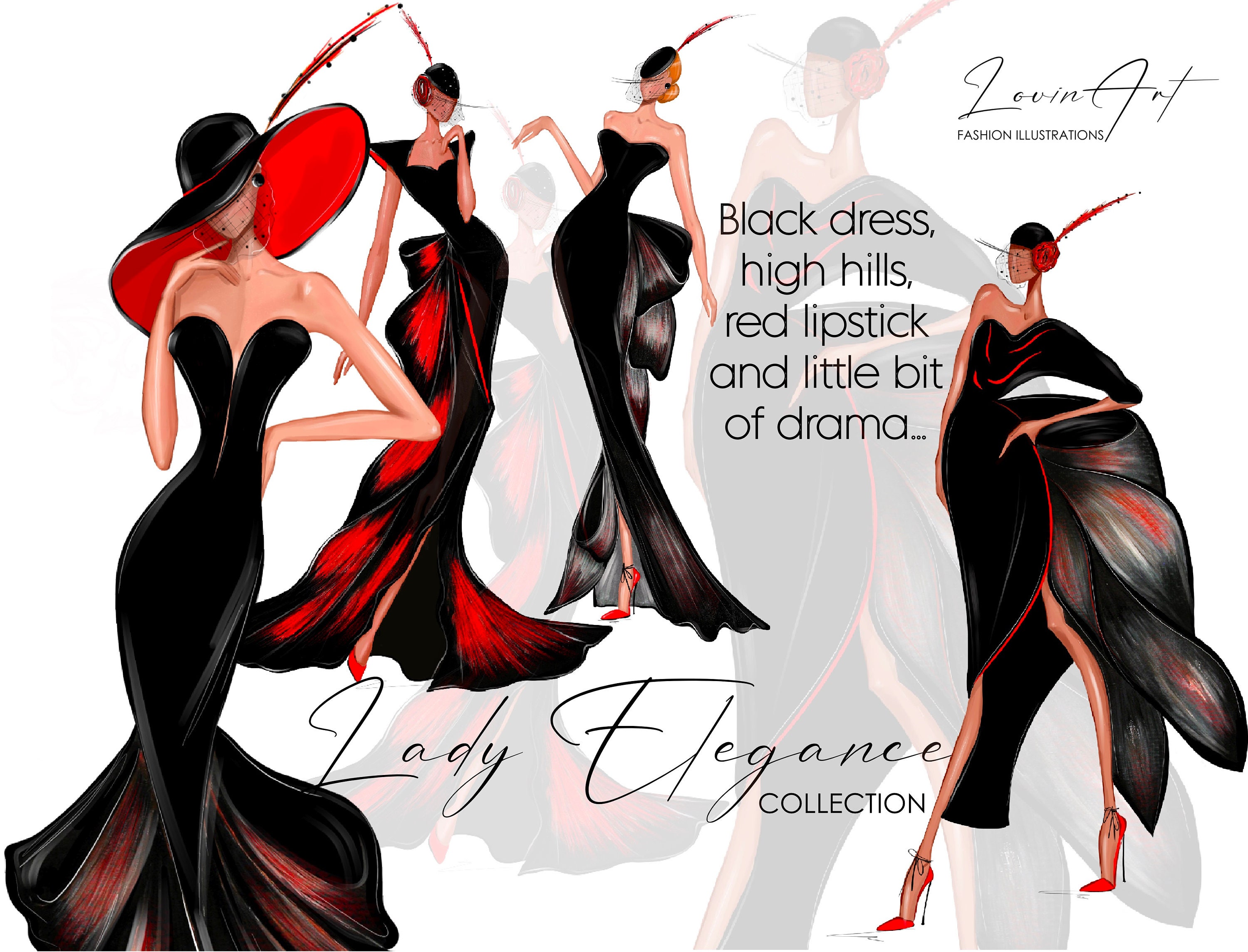 Fashion Girl Clipart Black Dress Fashion Illustration Black - Etsy